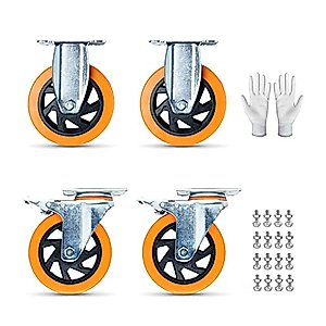 N/A 5 Inches Heavy Duty Polyurethane Caster Wheels Anti-Skid Swivel Casters Wheels with 360 Degree for Set of 4 Orange (2PCS Locking Swivel Casters 2PCS Fixed Caster Wheels), XP-06