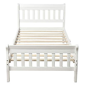 Voohek Twin Size Platform Bed Frame with Headboard, Footboard and Wood Slat Support, Sleigh Beds with Extra Supporting Legs, No Box-Spring Needed, White