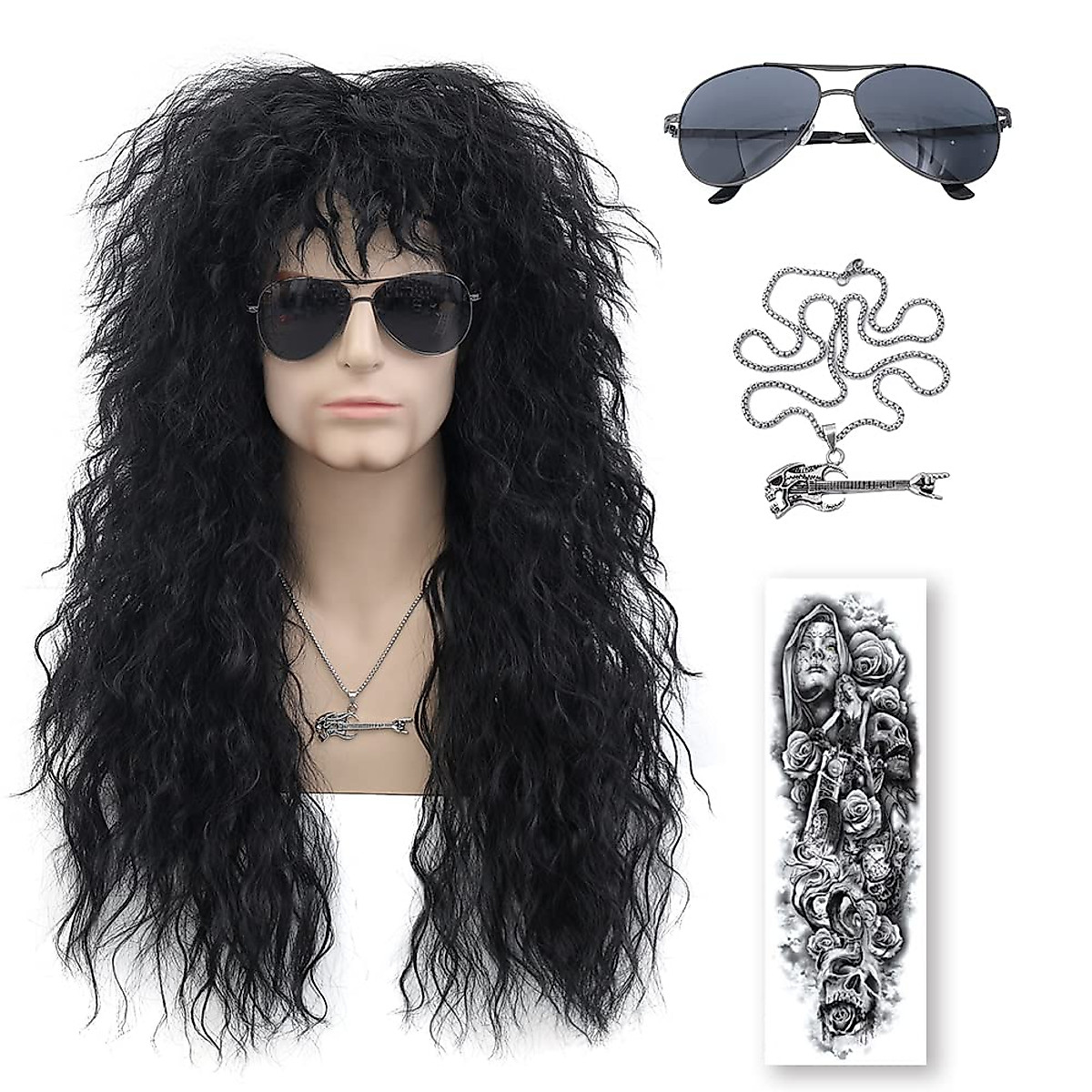 MUPUL Men's 80's Style Glam Rock-Rocker Long 26inch Black water wave Hair Wig Perfect for Halloween Cosplay Costume Party Wigs Rock Curly Wig (black-1)