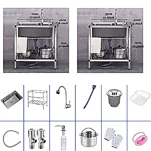 Laundry Sink Stainless Steel Outdoor Sink for Washing, Utility Single Bowl Sink, Commercial Kitchen Prep with Faucet and Drainboard, for Backyard Garage Camping Portable Handwashing Station (Size : 5