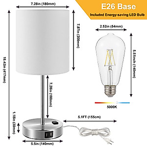 Touch Control Table Lamp, 3-Way Dimmable Lamp with 2 Fast Charging USB Ports & Power Outlet, Bedside Lamp, Nightstand Lamp, USB Lamp for Bedroom, Living Room, Office, Daylight White Bulb Included