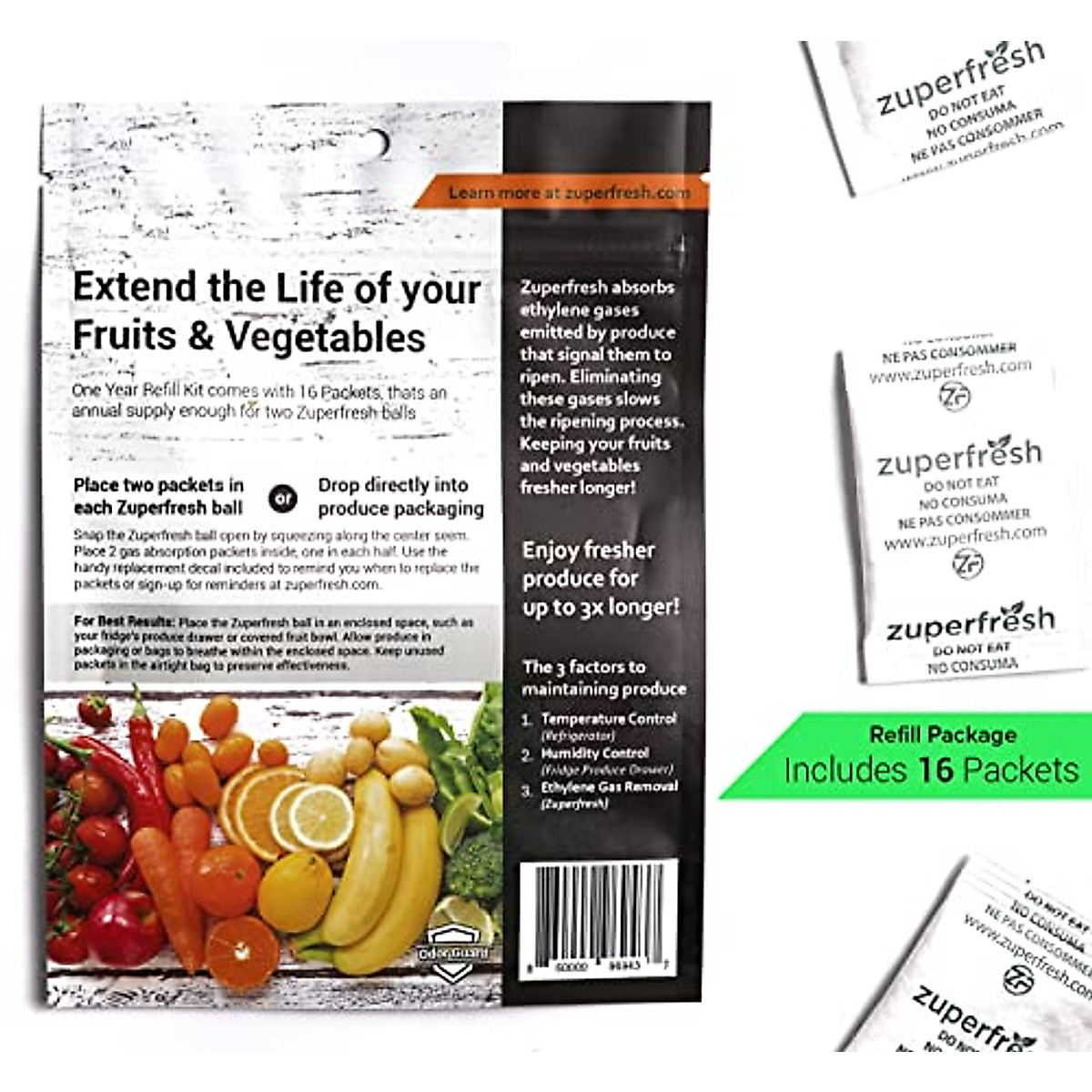 Zuperfresh Produce Saver 16 Packets, Extend the Life of Your Fruits & Vegetables, Absorbs Ethylene Gas Which Cause Produce to Over Ripen & Spoil