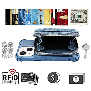 MONASAY Zipper Wallet Case for iPhone 14 Plus,6.7in[Glass Screen Protector ][RFID Blocking] Flip Leather Handbag Phone Cover with Card Holder&Detachable Crossbody Lanyard Strap, Light Blue