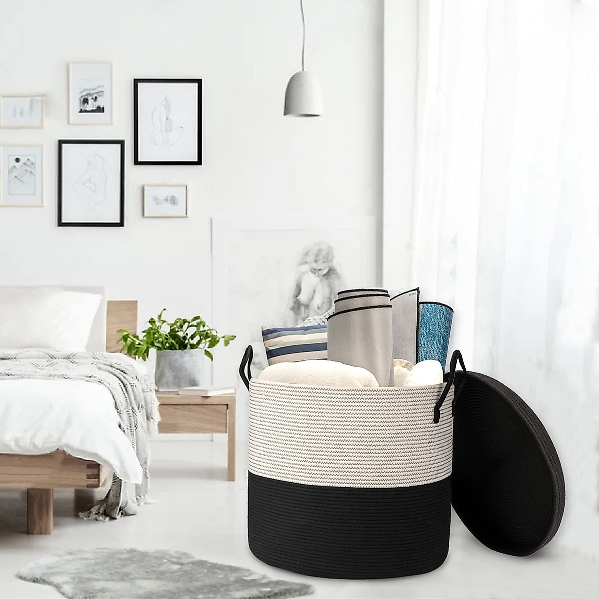 Echueuey 115L Extra Large storage basket with lid, blanket basket with lid for living room,extra large laundry basket,large round basket with lid,wicker basket with lid,Black 21" x 21" x 18"