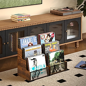 Yuzehuaza Vinyl Record Storage Holder, Stepped 3 Tier LP Vinyl Record Crate with Metal Grid, Wooden Album Storage Desktop Organizer Box for Vinyl, Rustic Brown & Black (Patent Pending)