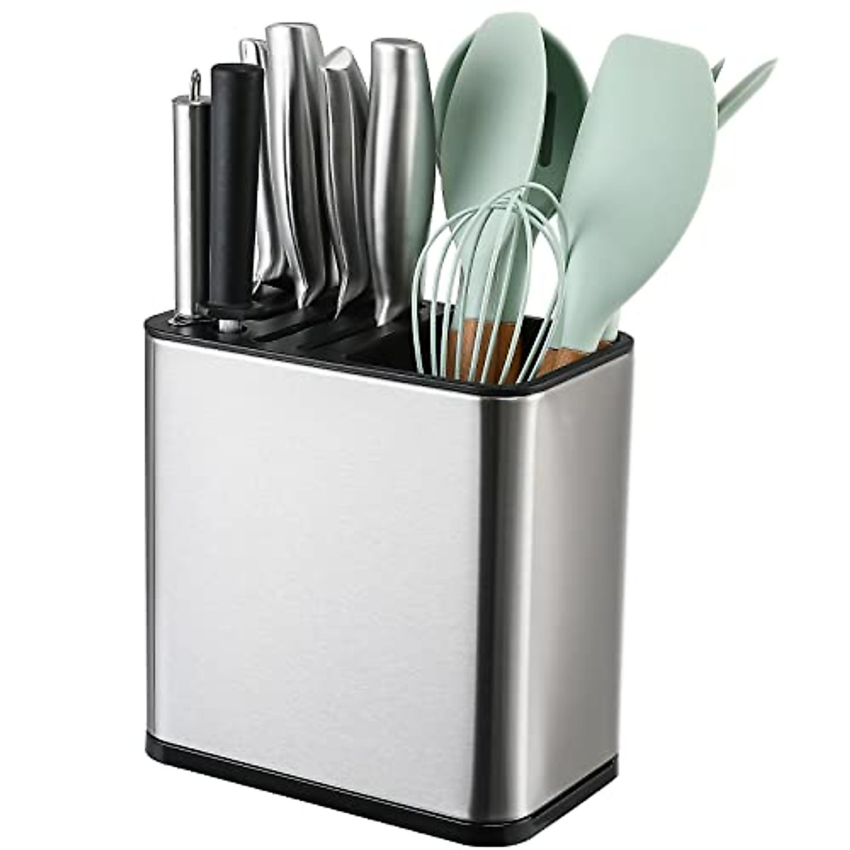BIARTS 2 in 1 Universal Knife Block without Knives Stainless Steel Knife Holder for Kitchen Counter with Drainage Hole Knife Storage with Utensil Holder Modern Design, Rectangle, 7.7"L x 4.6"W x 7.9"H