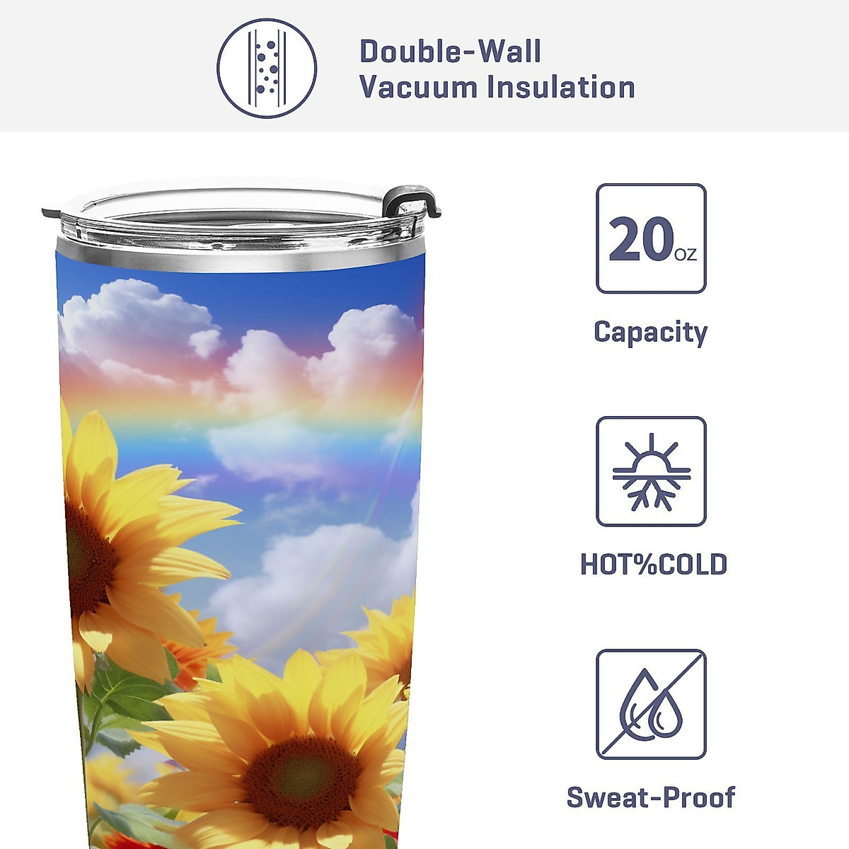 IOACIY 11 Oz Stainless Steel Vacuum Insulated, Sunflower Cloud Rainbow (2) Travel Mug with Lids and Straw, Double Wall Water Coffee Cup for Office, Outdoor Works for Hot Beverage and Ice Drinks