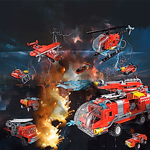 QLT QIAOLETONG City Fire Truck Building Kit for Kids 6-12 Years Old, Compatible with City Fire Truck 8-in-1 Building Block, Fire Helicopter Toys Building Sets.(313 PCS)