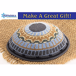 HolYudaica Hand Made 100% Cotton DMC Hand Knitted Kippah Hat Designed in Israel, Yamaka Jewish Hats for Men, Yarmulke Hat (Blue Grey, 19cm-7.5inch-Flat)
