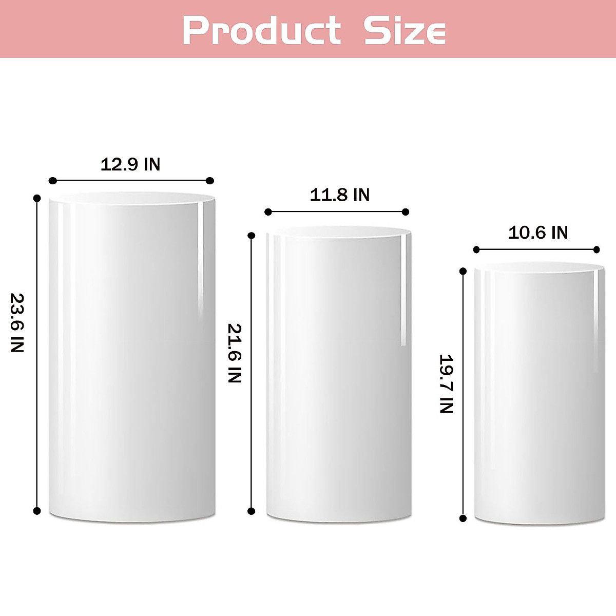 3PC Round Cylinder Pedestal Stands, Metal Pedestal Stand Cylinder Dessert Tables for Wedding Birthday Party, Wedding Centerpiece Birthday Babyshower Backdrop Decor,23.6"/21.6"/19.7" high (White-3PCS)