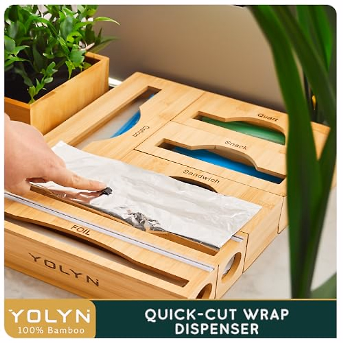 YOLYN Bamboo Kitchen Drawer Organizer Box - Baggie, Foil, Plastic & Wrap Food Storage with Dispensers & Cutters for Gallon, Quart, Sandwich & Snack Bags - 6 Pices set