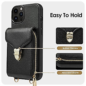 JLFCH ROMIELA Series iPhone 14 Pro Wallet Case, Crossbody Chain Strap Case Zipper Leather Purse RFID Blocking with Card Holder Lanyard Women Protective for Apple iPhone 14 Pro, 6.1 inch - Black