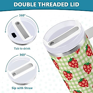 Green Gingham Strawberry Daisy Tumbler with Handle and Straw Lid, 30 oz Insulated Coffee Cup Stainless Steel Water Bottle Travel Mug Cupholder Friendly,Gifts for Women Men