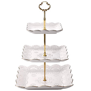 Sumerflos 3-Tier Square Porcelain Cake Stand, White Rimmed with Gold Embossed Cupcake Dessert Stand - Tiered Serving Tray for Tea Party and Show