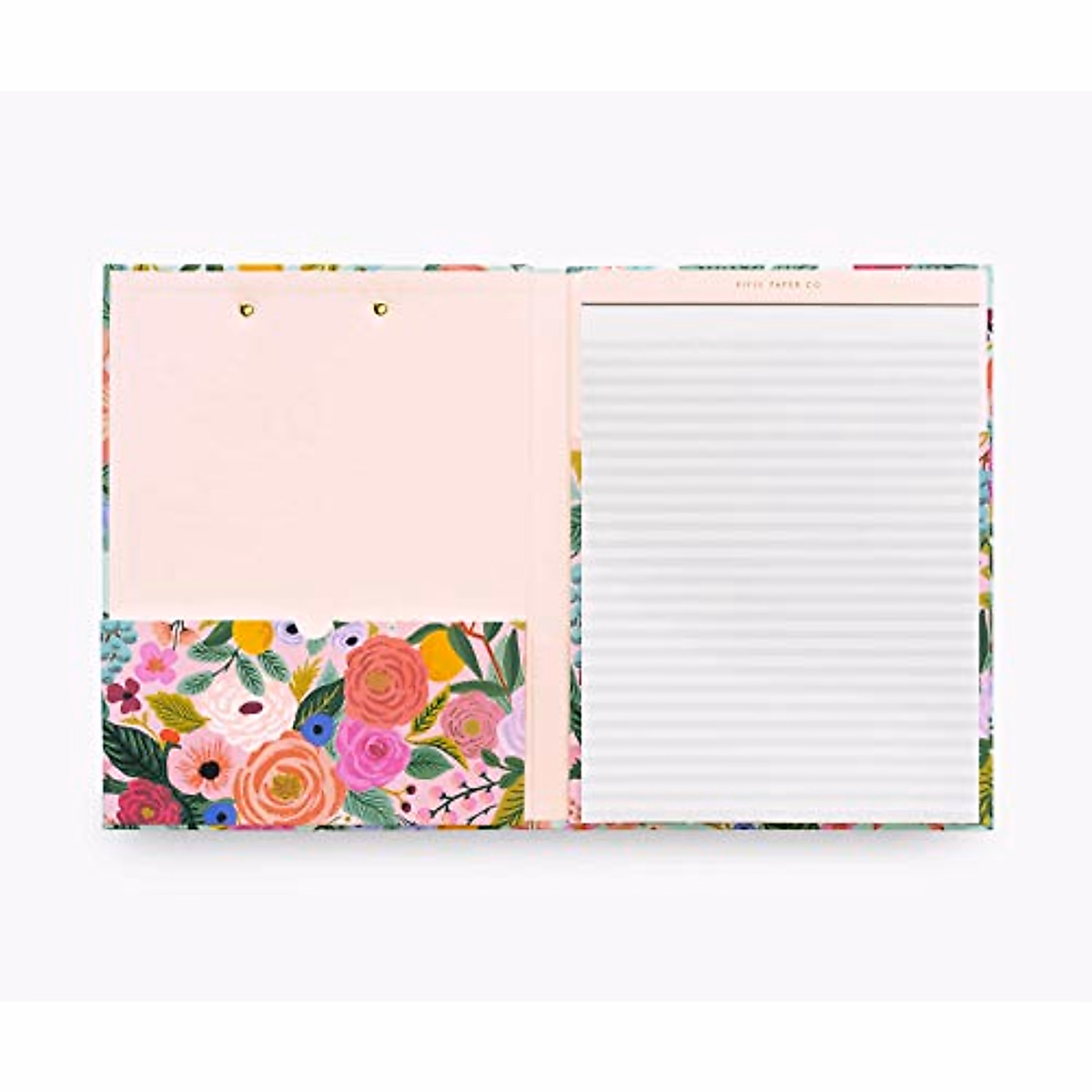 RIFLE PAPER CO. Garden Party Clipfolio, Illustrated Hardcover and Contrasting Interior, Features Strong Gold Clip on the Front, Comes with Writing Pad with 50 Lined, Perforated Sheets