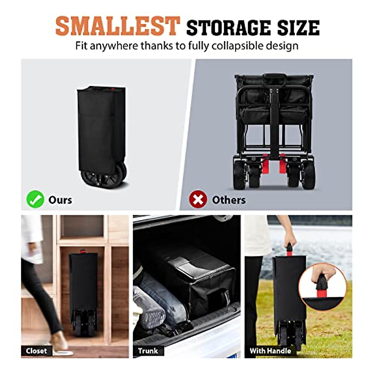 Hikenture Folding Wagon Cart, Portable Large Capacity Beach Wagon, Heavy Duty Utility Collapsible Wagon with All-Terrain Wheels, Outdoor Garden Cart Foldable Wagon for Sports, Shopping, Camping(Black)