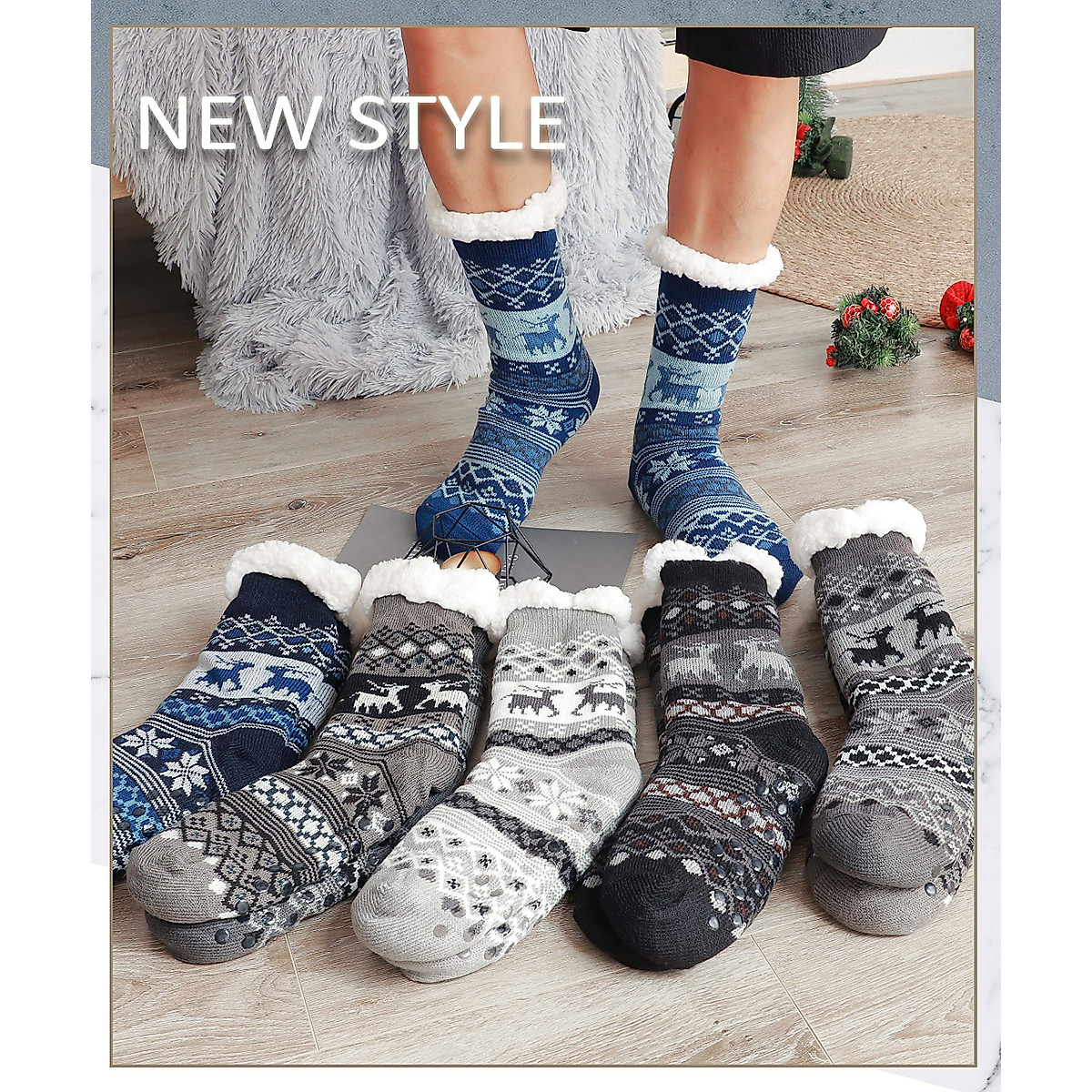 EBMORE Mens Slipper Fuzzy Socks Fluffy Winter Cabin Cozy Warm Soft Fleece Thick Comfy Christmas Gift Stocking Stuffers with Grips(Blue Deer)