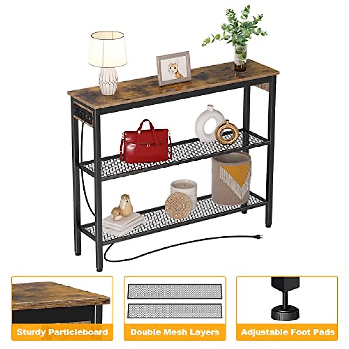 Mr IRONSTONE Console Table with Power Outlet, 39" Narrow Sofa Table, 3-Tier Couch Table Behind Sofa with Metal Frame Hallway Table for Entryway, Living Room, Rustic Brown