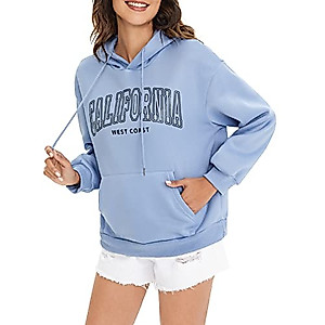 SOLY HUX Women Casual Fashion California Hoodie Los Angeles Pullover Drawstring Graphic Sweatshirt Blue L