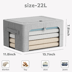 2 Pack Clothes Storage Bins - Stackable Metal Frame Storage Box Foldable Linen Fabric Organizer with Carrying Handles and Clear Window-22L (Light Gray, 15.7x 11.8x 7.8Inch)