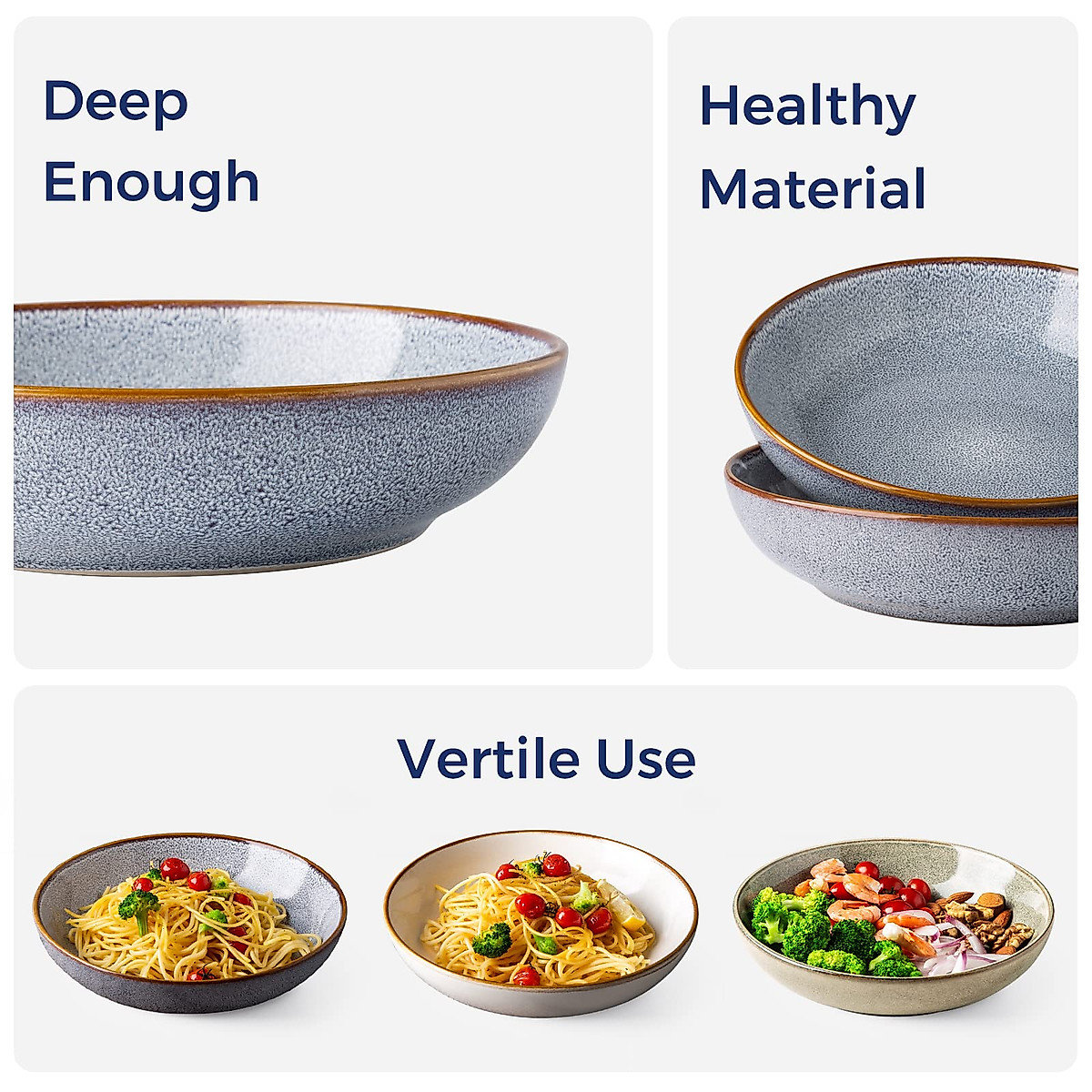 AmorArc 8.5'' Large Pasta Bowls, 36oz Ceramic Salad Serving Bowls Set of 4 for Kitchen, Wide Stoneware Bowls for Pasta,Salad,Fruit,Bread, Microwave Safe, Reactive Glaze-Blue