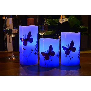 UNIVELA Candles Set of 3 Flameless 4" 5" 6" Unscented Tealight Butterfly Flower Plants Decor Real Wax Pillar Candle LED Lights 12 Color Changing 4H 8H Timer Remote Control AAA Batteries Operated