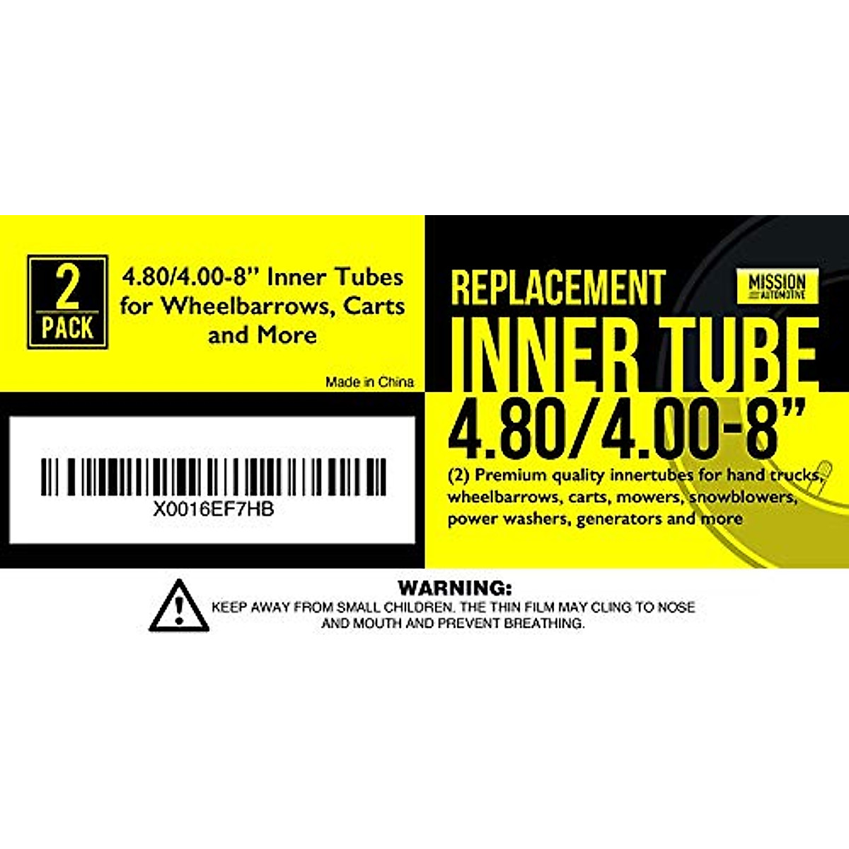 2-Pack of 4.80/4.00-8 " Premium Replacement Tire Inner Tubes - For Wheelbarrows, Lawn Mowers, Hand Trucks, Carts, Trailers and More - Tube for 4.80 4.00-8 / 480/400-8 Wheel - By Mission Automotive