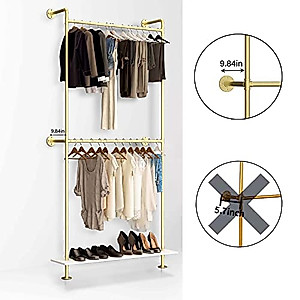 AIWFL Industrial Pipe Clothing Rack Wall Mounted,Modern Simple Metal Clothes Rack,Vintage Retail Display Garment Rack with White Shelves,Metal Gold Clothes Racks with 2 Tier Hanging Rods(47.2" L)