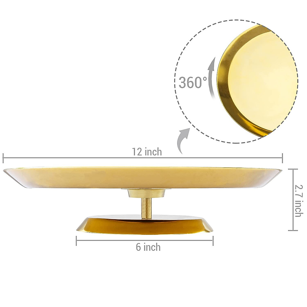 MyGift Modern Brass Plated Metal Lazy Susan Turntable, 12 Inch Rotating Tray, Pedestal Dessert Display Riser - Handcrafted in India