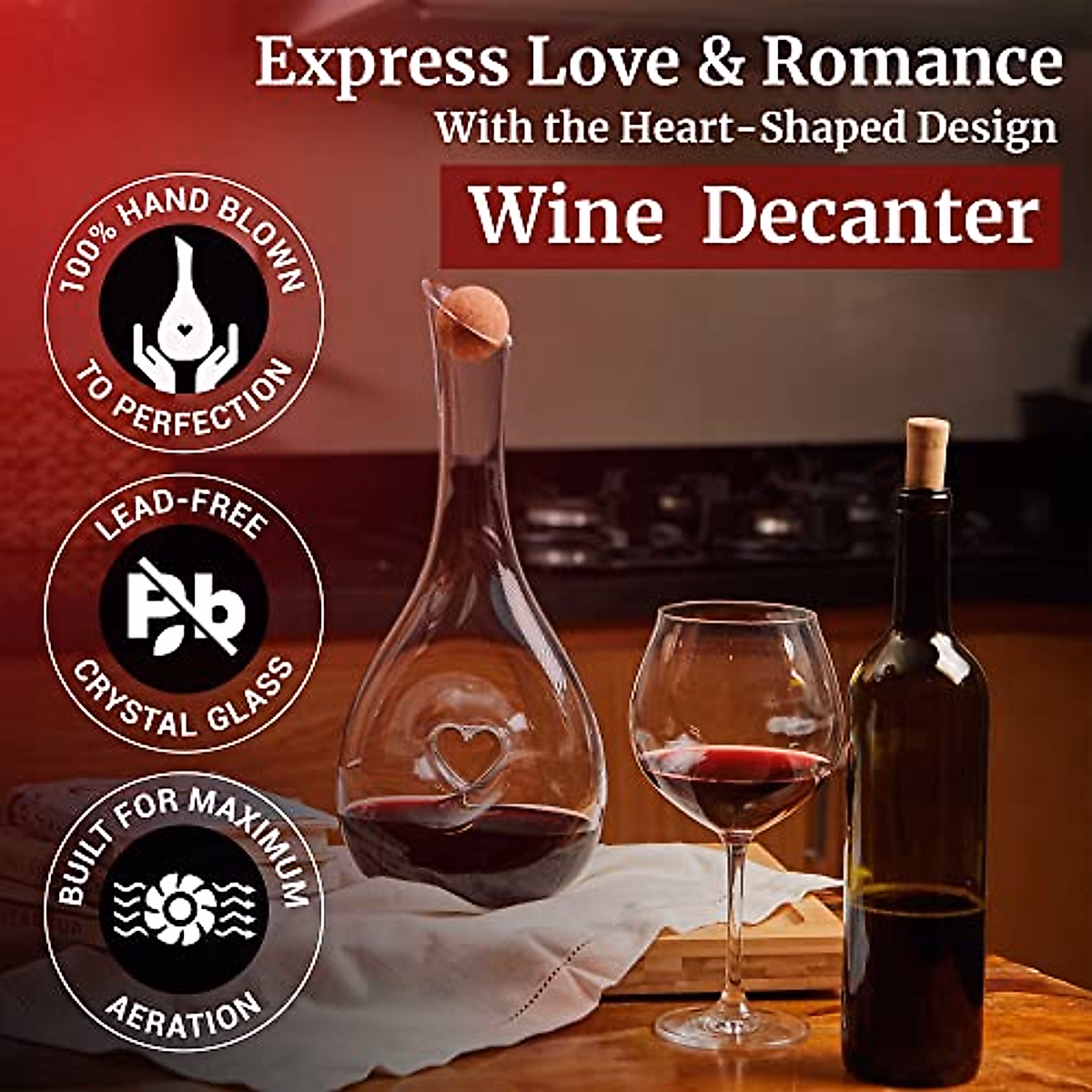 Finest Amore Wine Decanter - 1200ml Heart Shaped Red Wine Carafe with Stopper - Hand Blown Lead-free Crystal Glass, Wine Gift, Wine Accessories