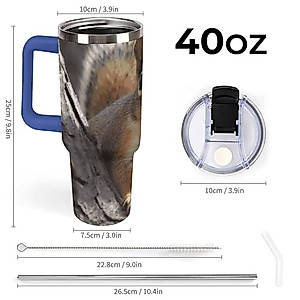 LLUTSNTH 40 Oz Vacuum Tumbler with Deep Blue Handle Leakproof Insulated Tumbler Squirrel in The Tree Stainless Steel Travel Mug with Lid And Straw Coffee Cup Cute Water Bottles Cup Holder Friendly