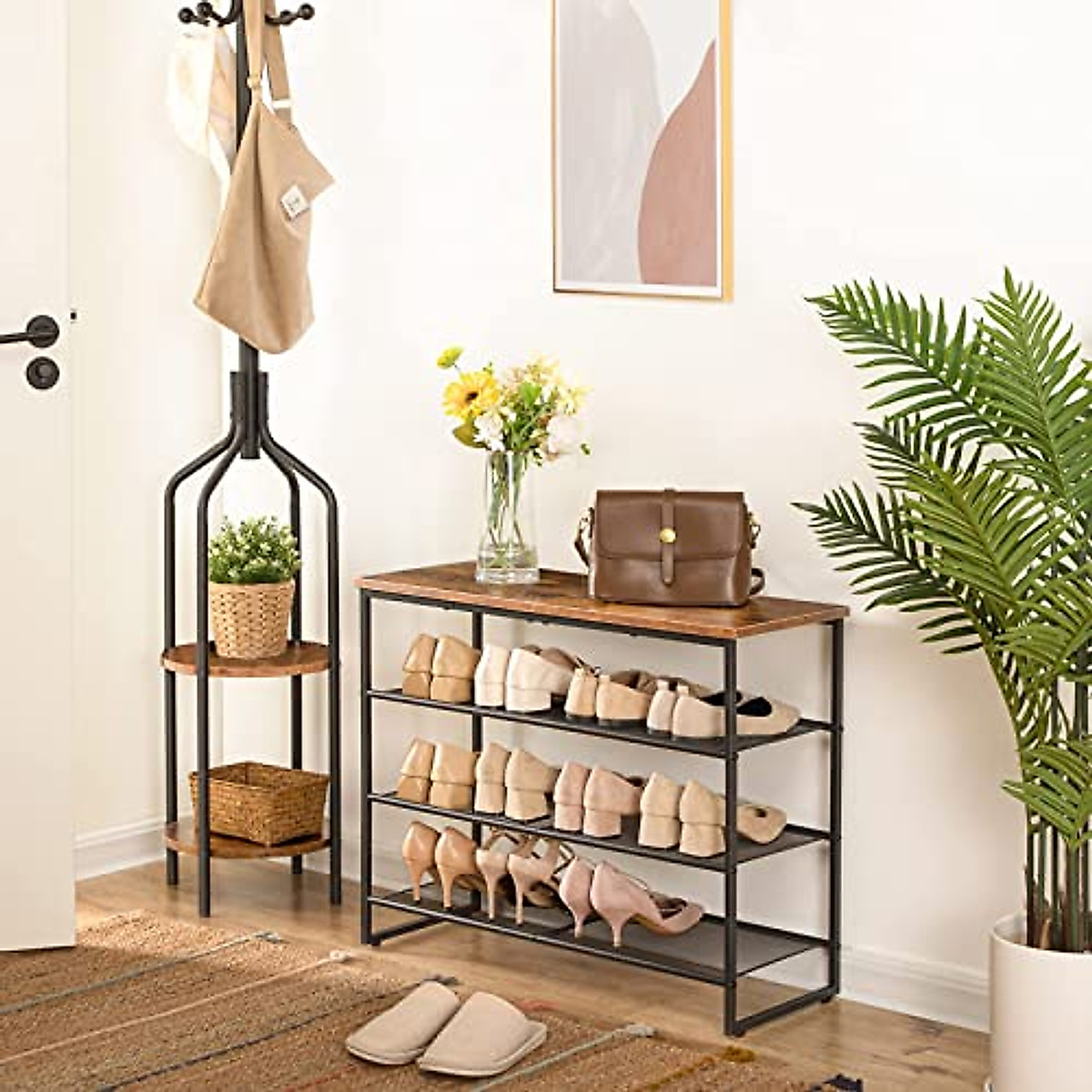 HOOBRO 4 Tier Shoe Rack, Shoe Storage Organizer, Shoe Shelf with 3 Mesh Shelves, Hold 12-15 Pairs of Shoes, Wood Look Accent Furniture with Metal Frame, for Entryway, Living Room, Hallway BF64XJ01