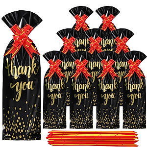 Teling 100 Pcs Wine Gift Bags for Wine Bottles Thank You Wine Bags Cellophane Gift Bag Set Gold Foil Red Wine Bottle Covers 50 Pcs Wine Wrapping Bags and 50 Pcs Pull Bows for Holiday Birthday Party