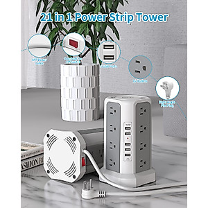 Surge Protector , Fararaka 6FT Power Strip Tower with 16 Outlets and 5 USB Ports, Flat Plug Multi Outlet Tower for Home, Office, Dorm Room