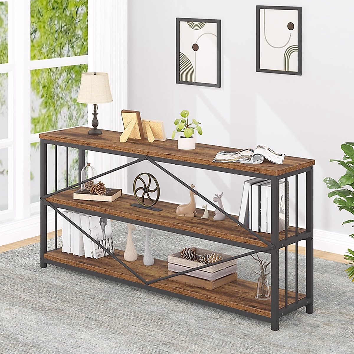 IBF Low Rustic 3 Tier Bookshelf, Industrial Horizontal Wood Bookcase, Farmhouse Long Wide Open Metal Etagere, Modern Large Vintage Book Shelf for Home Office Bedroom Living Room, Rustic Brown, 63 Inch