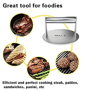 MKLZ Burger Smasher Stainless Steel Bacon Press, 5.9 Inches Round Heavy Duty Burger Smasher with Handle, Bacon Press Grill Press Perfect for Flat Top, Professional Griddle Grill Cooking