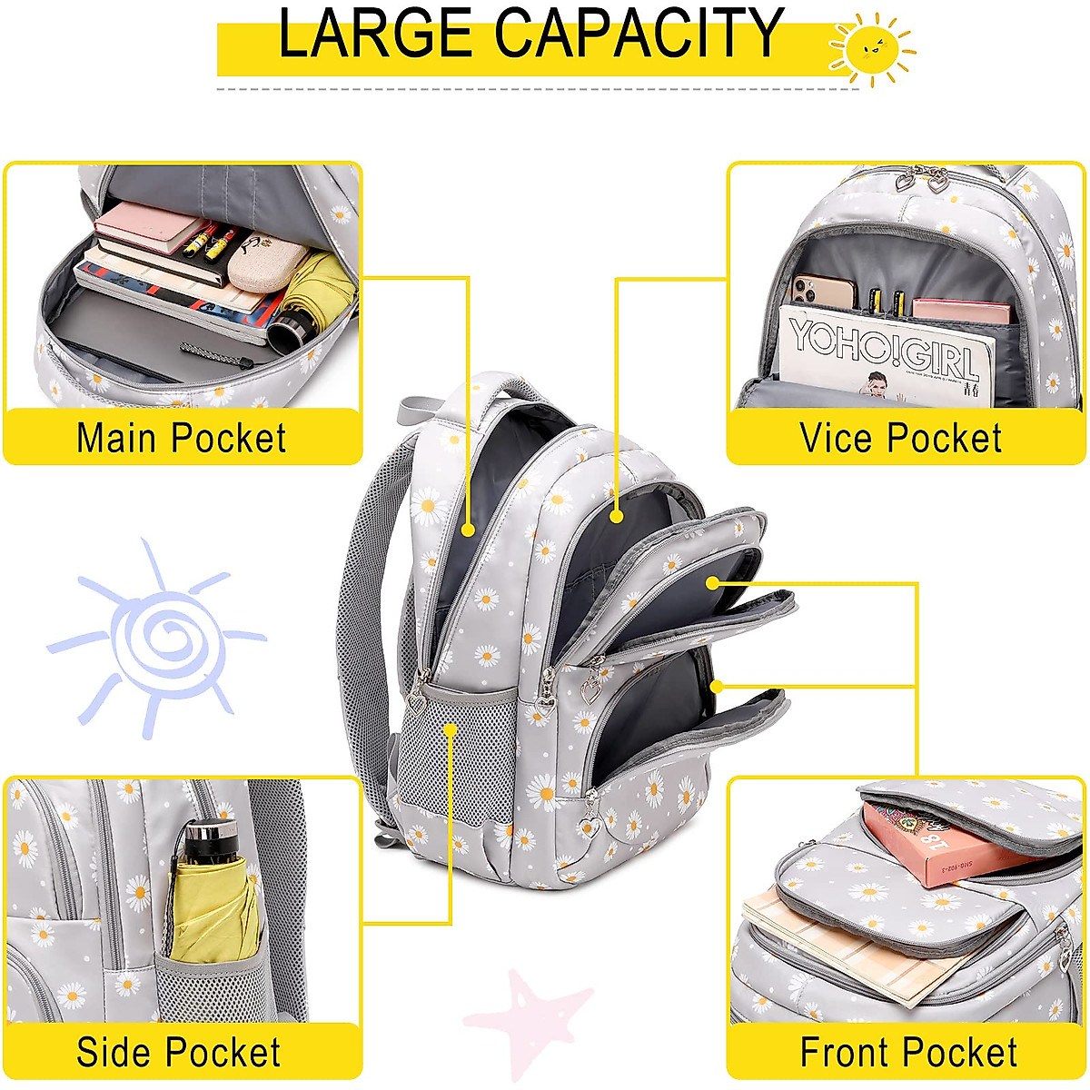 Robhomily 3 in 1 School Backpack for Teen Girls in Middle-School Elementary,17”Fashion- Print Lightweight Laptop Book bags with Lunch Box and Pencil Case