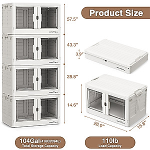 BROVIEW V7 4 Pack Stackable Storage Bins, 416QT 104 Gal Closet Organizers and Storage with Doors, Plastic Collapsible Storage Bins with Lids and wheels, Folding Storage Box for Home Dorm, Cream White