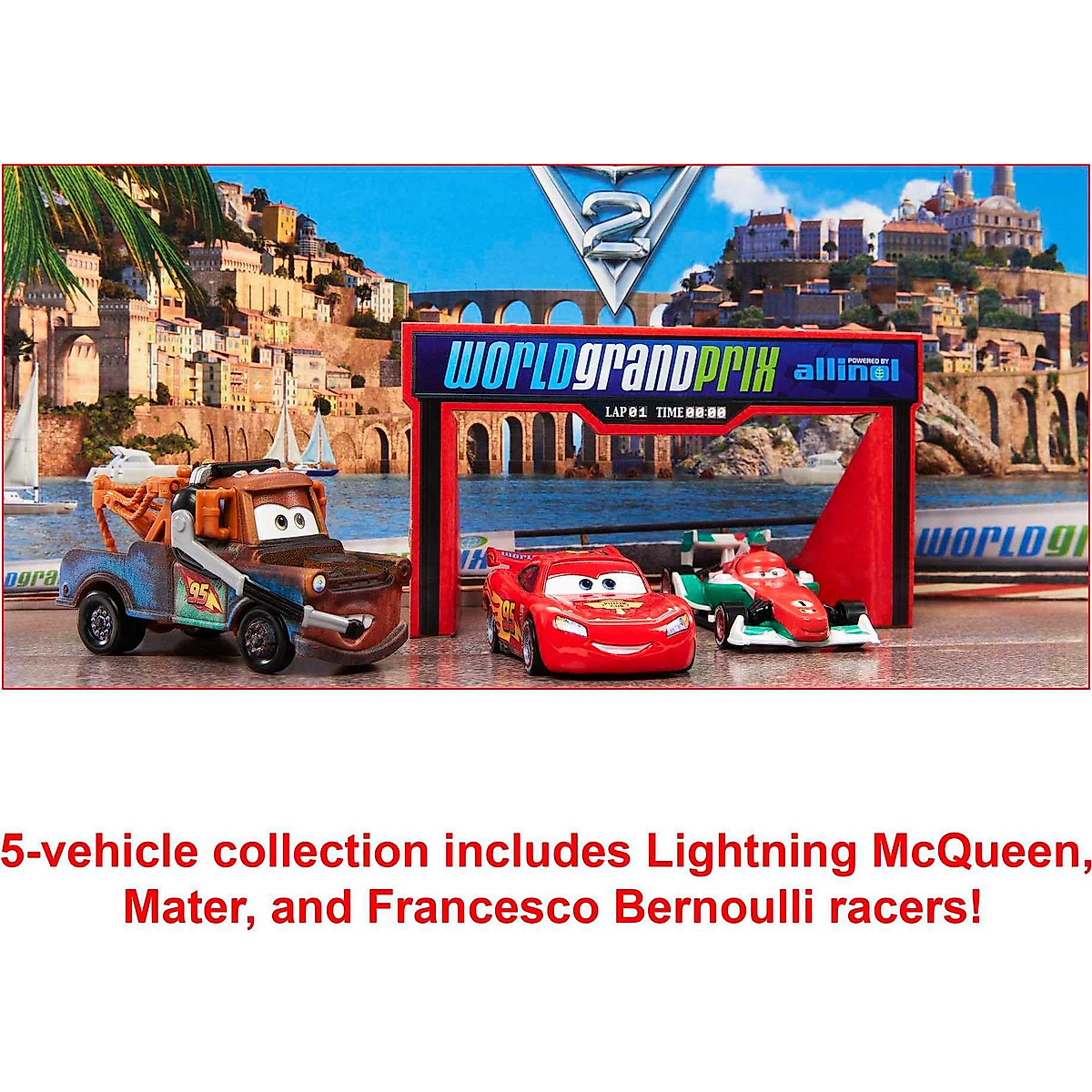 Mattel Disney and Pixar Cars Vehicle Set of 5 Collectible Character Toy Cars & Tool Cart, Inspired by World Grand Prix from Cars 2
