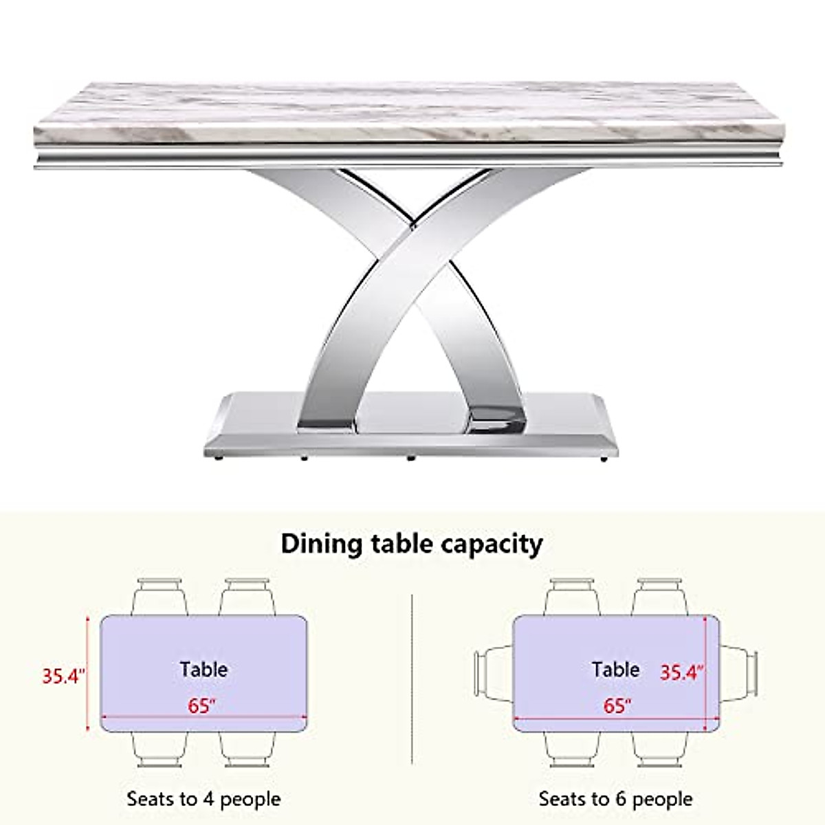AZhome Dining Room Table, 65" White Dining Room Table, Grey Rectangle Tabletop and Silver Mirror Metal Double X Base, Modern Luxury Dining Table Set for 4 to 6 Dining Room