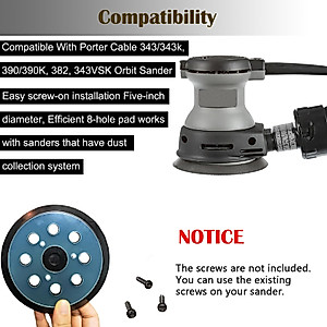 5 Inch 8 Hole Replacement Sander pad for Porter Cable 343, 343k, 390, 390K, 382, 343VSK Orbital Sander- 5" Hook and Loop Sanding pad for Woodworking Metal Automotive Sander