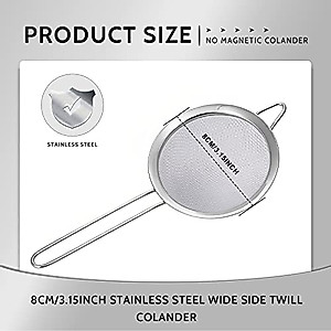 BLMHTWO 2 Pack Fine Mesh Strainer Stainless Steel Small Sieve (3.15inch) with Handle Widened Edge Kitchen Colander Infuser for Loose Tea Coffee Juice Flour Spices Baking Tea Strainer