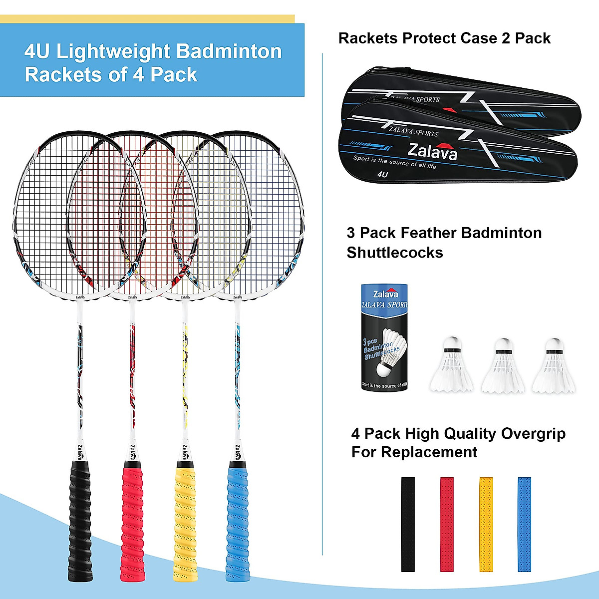 Professional Badminton Rackets Lightweight Badminton Racquets Set, Zalava Badminton Set 4 Pack,Carbon Fiber, 3 Shuttlecocks, 2 Protect Case, 4 Overgrip Included,for Beginners,Advanced Players