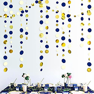 46 Ft Navy Blue and Gold Circle Dots Garland Royal Blue Hanging Paper Polka Dot Streamer for Birthday Wedding Bridal Baby Shower Graduations Nautical Ahoy Achor Pirate Theme Party Decorations Supplies