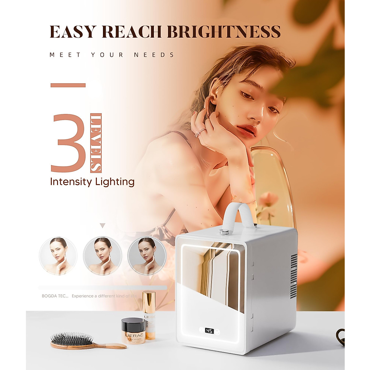 BOGDA 4L Mini Skincare Fridge with Dimmable LED Light Mirror, Cooler and Warmer Temperature Control Digital Display, Portable Cosmetic Refrigerator for Makeup, Skin Care, Bedroom Office Car, White