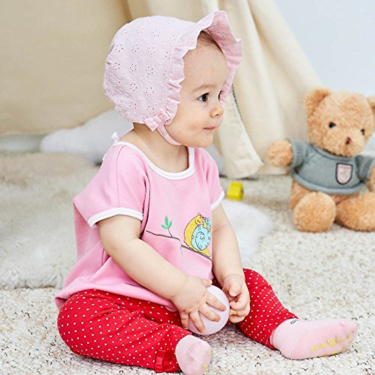 Keepersheep Infant Baby Girls' Bonnet Hat Cap, Cotton Flower Print Embroidery Bonnet(12-18 Months, White)