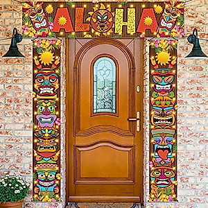 3 Pcs Lighted Hawaiian Luau Party Decorations 120 LED Lights Tiki Banners Aloha Welcome Sign Hawaii Tiki Door Wall Hanging Decor Tropical Tiki Totem Door Banner for Birthday Porch Outdoor Supplies