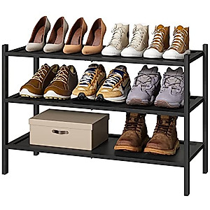 kiplant 3-Tier Black Bamboo Shoe Rack for Entryway, Stackable | Foldable | Natural, Shoe Organizer for Hallway Closet, Free Standing Shoe Racks for Indoor Outdoor