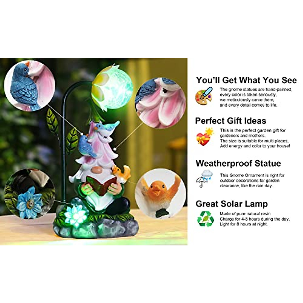 MOOTKA Garden Gnome & Books Statue Garden Gnomes with Solar Light Outdoor, Garden Gnome Statues Solar Powered Light Home Decor, Gifts for Mother's Day for Home Yard Outside Patio Lawn (Green)
