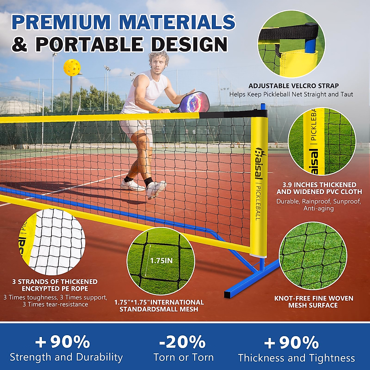Baisal Pickleball Set with Net Portable Outdoor Indoor, 22FT Regulation Size Pickleball Net for Driveway with 4 Wooden Pickleball Paddles, 1 Pickle Ball Net, 4 Balls,1 Storage Bag, 1 Carry Bag